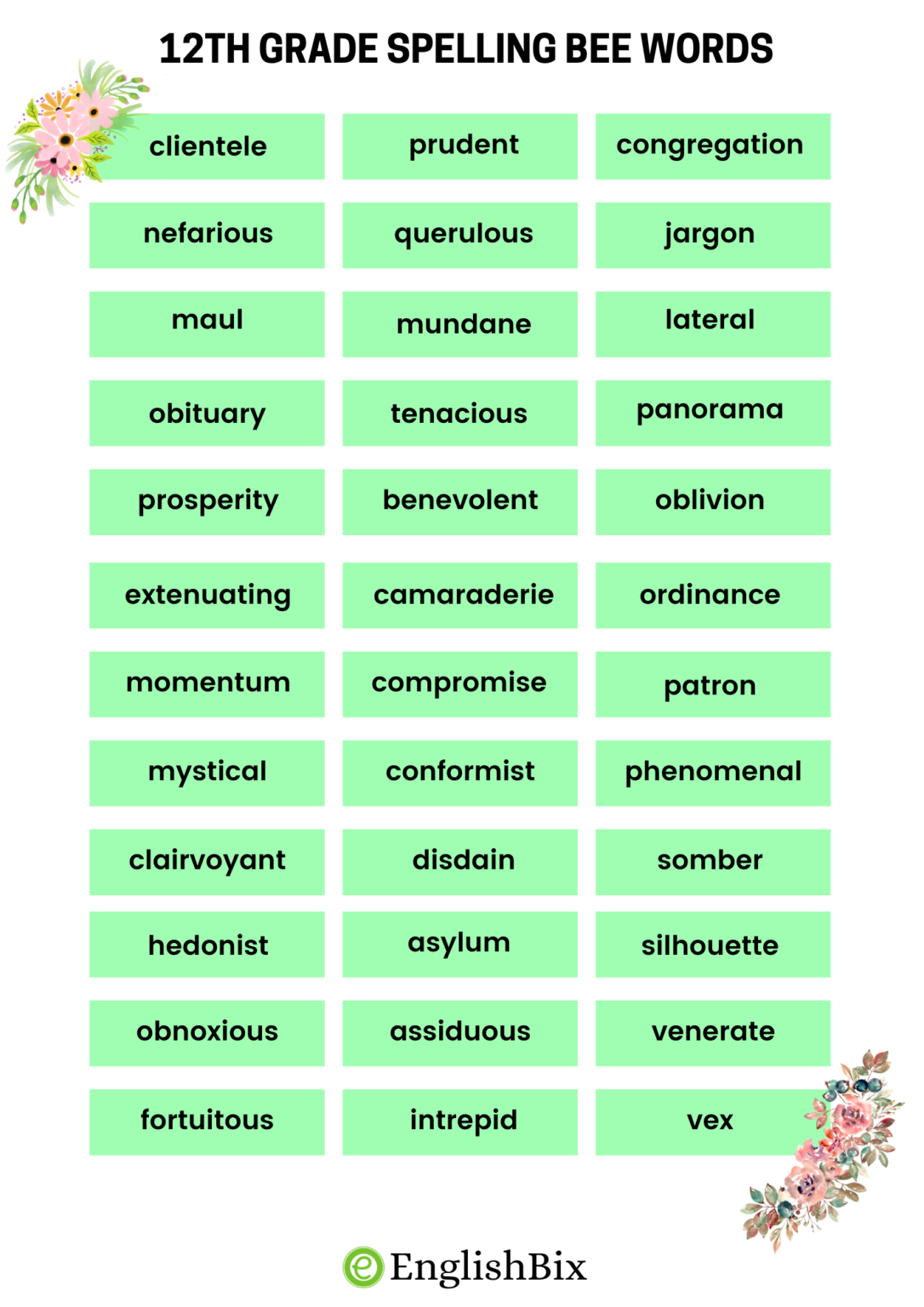 12th Grade Spelling Bee Vocabulary Words - EnglishBix