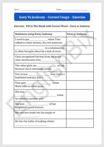Fill in The Blank with Correct Word - Envy or Jealousy Worksheet ...