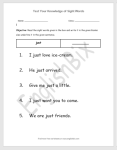 JUST Sight Word in Sentences Worksheet - EnglishBix