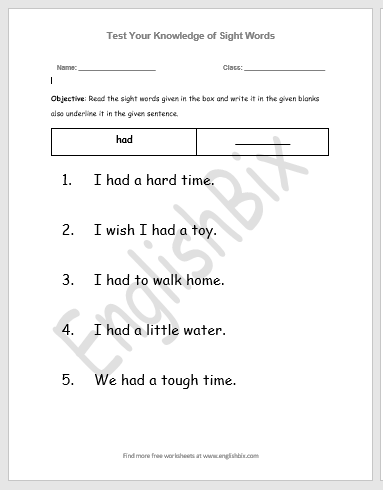 HAD Sight Word Sentences Worksheet - EnglishBix