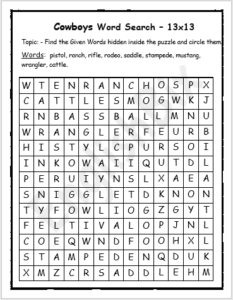 Cowboy Word Search Printable - EnglishBix