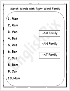 AM Word Family Activities Worksheet for Kindergarten - EnglishBix