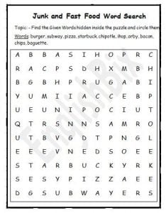 Junk and Fast Foods Word Search Mini-Workbook - EnglishBix