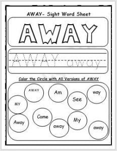 Away Sight Word Printable Worksheet - EnglishBix