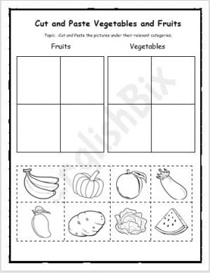 Cut and Paste Fruits and Vegetables Worksheets - EnglishBix