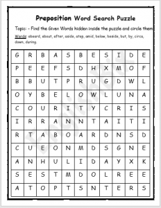 Preposition Word Search Printables - EnglishBix