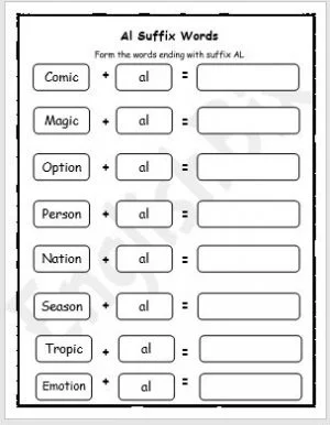 AL Ending Suffix Words Worksheet - EnglishBix
