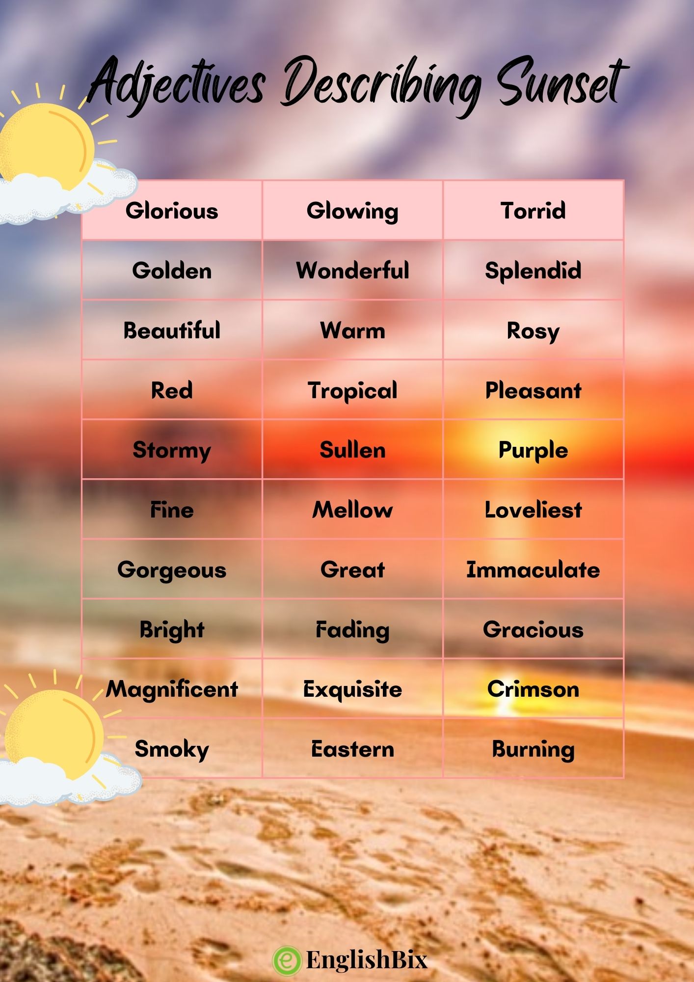 Adjective Words To Describe Sunset Scene EnglishBix
