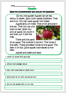 Apple Reading Comprehension Worksheet - EnglishBix