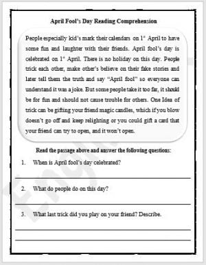 April Fools Day Reading Comprehension Worksheet - EnglishBix