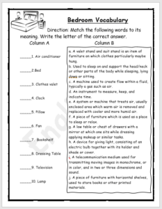 Bedroom Vocabulary Worksheet - EnglishBix