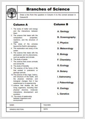 Branches of Science Matching Worksheet - EnglishBix
