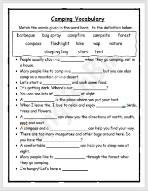 Camping Vocabulary Worksheet - EnglishBix