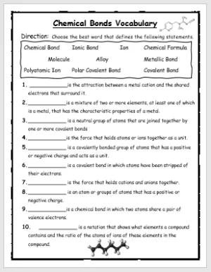 Chemical Bonding Vocabulary Worksheet - EnglishBix