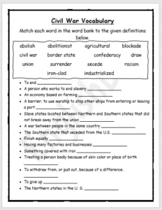 Civil War Vocabulary Worksheet - EnglishBix