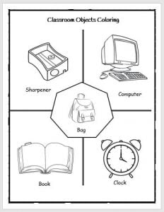 Classroom Objects Pictures Coloring Worksheet - EnglishBix