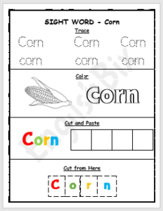 Corn Sight Word Printable Worksheet - EnglishBix