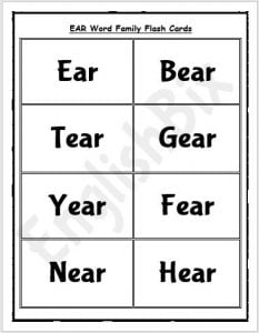 EAR Word Family Activities Worksheets - EnglishBix
