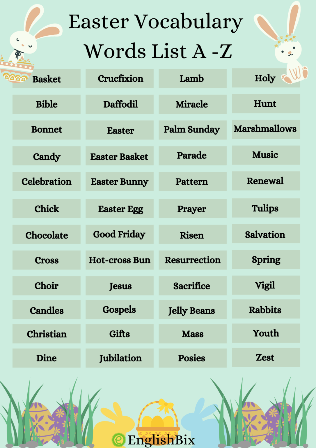 Easter Vocabulary Words List - A to Z for Kids - EnglishBix
