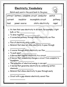 Electricity Vocabulary Worksheet - EnglishBix