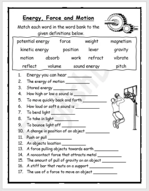 Energy, Force and Motion Vocabulary Worksheet - EnglishBix