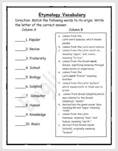 Etymology Vocabulary Worksheet - EnglishBix
