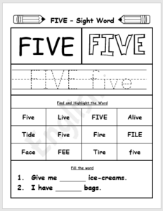 Five Sight Word Printable Worksheet - EnglishBix