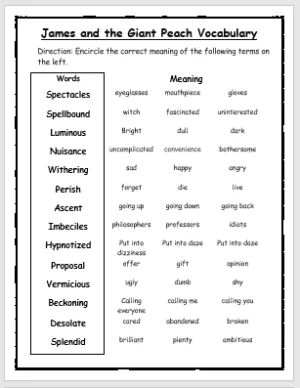 James and The Giant Peach Vocabulary Worksheet - EnglishBix