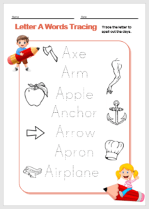 Letter A Words Tracing Worksheet - EnglishBix