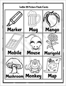 Letter M Picture Flash Cards Printable - EnglishBix