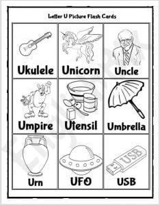 Letter U Picture Flash Cards Printable - EnglishBix