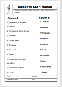 Macbeth Act 1 Vocabulary Worksheet - EnglishBix
