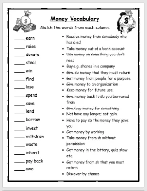 Money Vocabulary Worksheet - EnglishBix