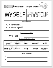 Myself Sight Word Printable Worksheet - EnglishBix