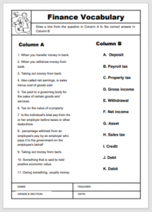 Personal Finance Matching Worksheet - EnglishBix
