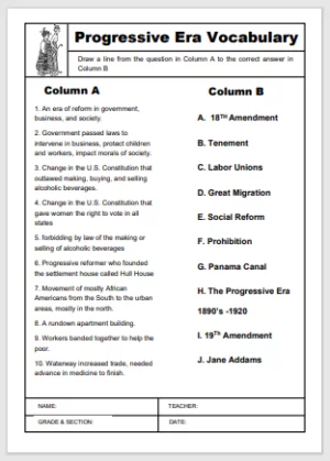 Progressive Era Vocabulary Worksheet - EnglishBix