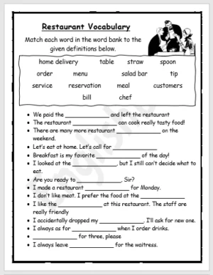 Restaurant Vocabulary Worksheet - EnglishBix
