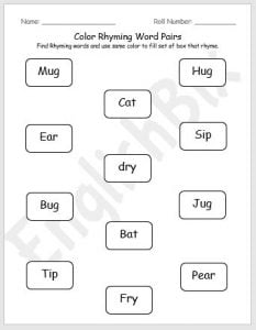 Rhyming Word Pairs Coloring Worksheet - EnglishBix