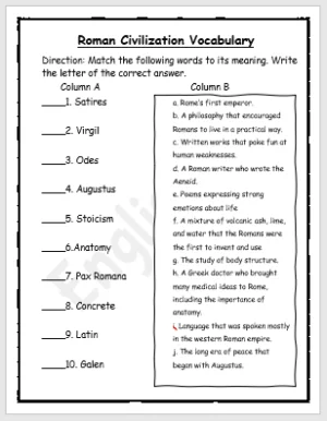 Roman Civilization Vocabulary Worksheet - EnglishBix
