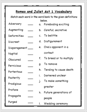 Romeo and Juliet Act 1 Vocabulary Worksheet - EnglishBix