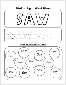 Saw Sight Word Printable Worksheet - EnglishBix