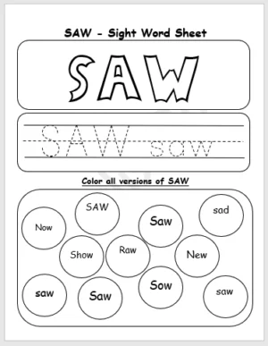 Saw Sight Word Printable Worksheet - EnglishBix