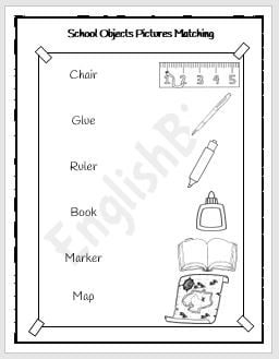 School Objects Picture Matching Worksheet - EnglishBix