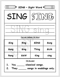 Sing Sight Word Printable Worksheet - EnglishBix