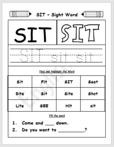 Sit Sight Word Printable Worksheet - EnglishBix