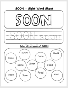 Soon Sight Word Printable Worksheet - EnglishBix