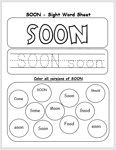 Soon Sight Word Printable Worksheet - EnglishBix