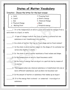 States of Matter Vocabulary Worksheet - EnglishBix