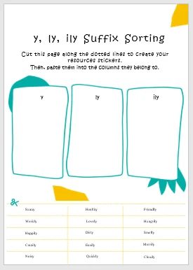 Suffixes y ly ily Sorting Worksheet - EnglishBix
