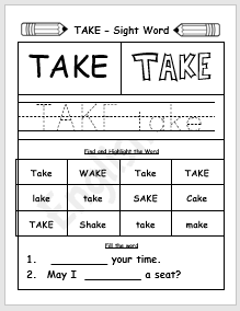 Take Sight Word Printable Worksheet - EnglishBix